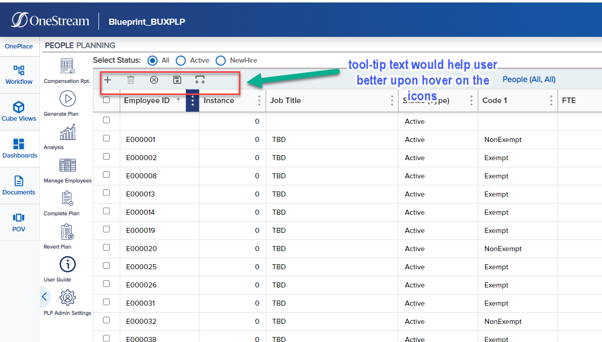 tool-tip text in the dashboard on the icons (add , delete , save ..etc ...