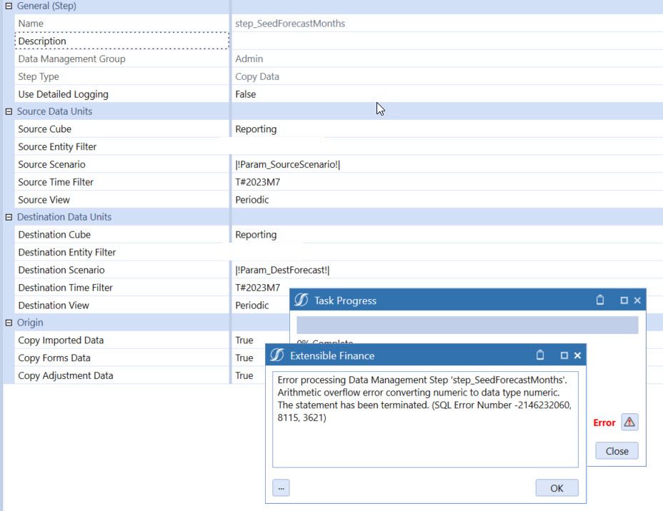 SQL Error when using DM step type "Copy Data" to move archive data between Scenarios | OneStream ...