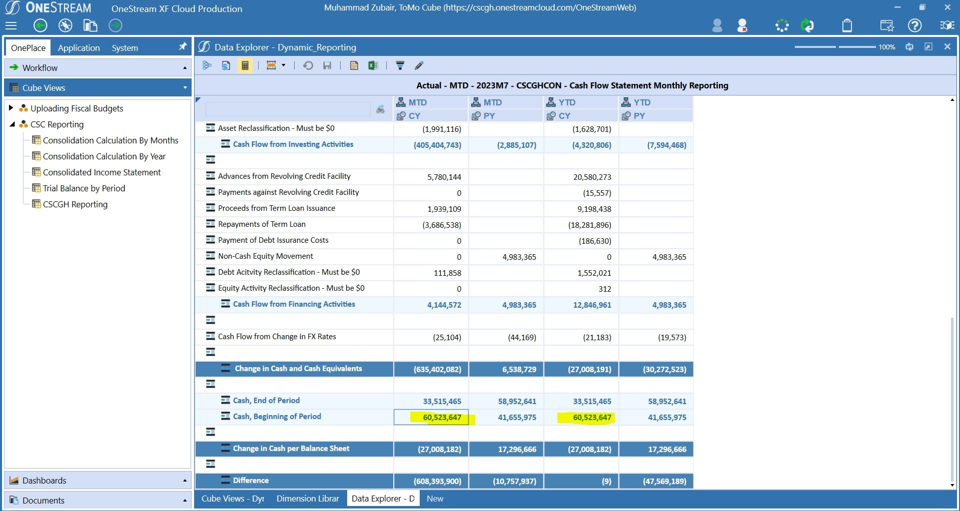 Cash Flow Opening balance for MTD and YTD columns | OneStream Community
